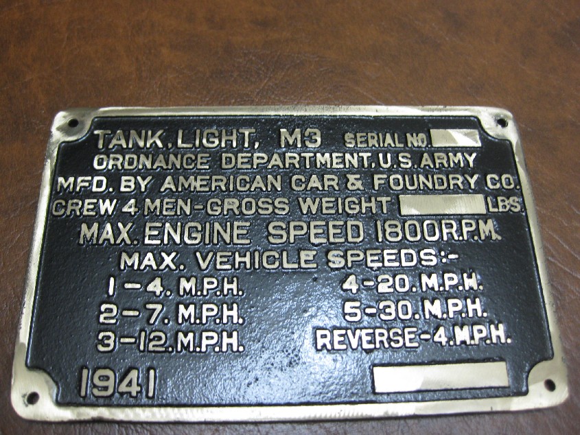 Repro. M3 Stuart Light Tank Data Plate - HMVF Classifieds - HMVF ...